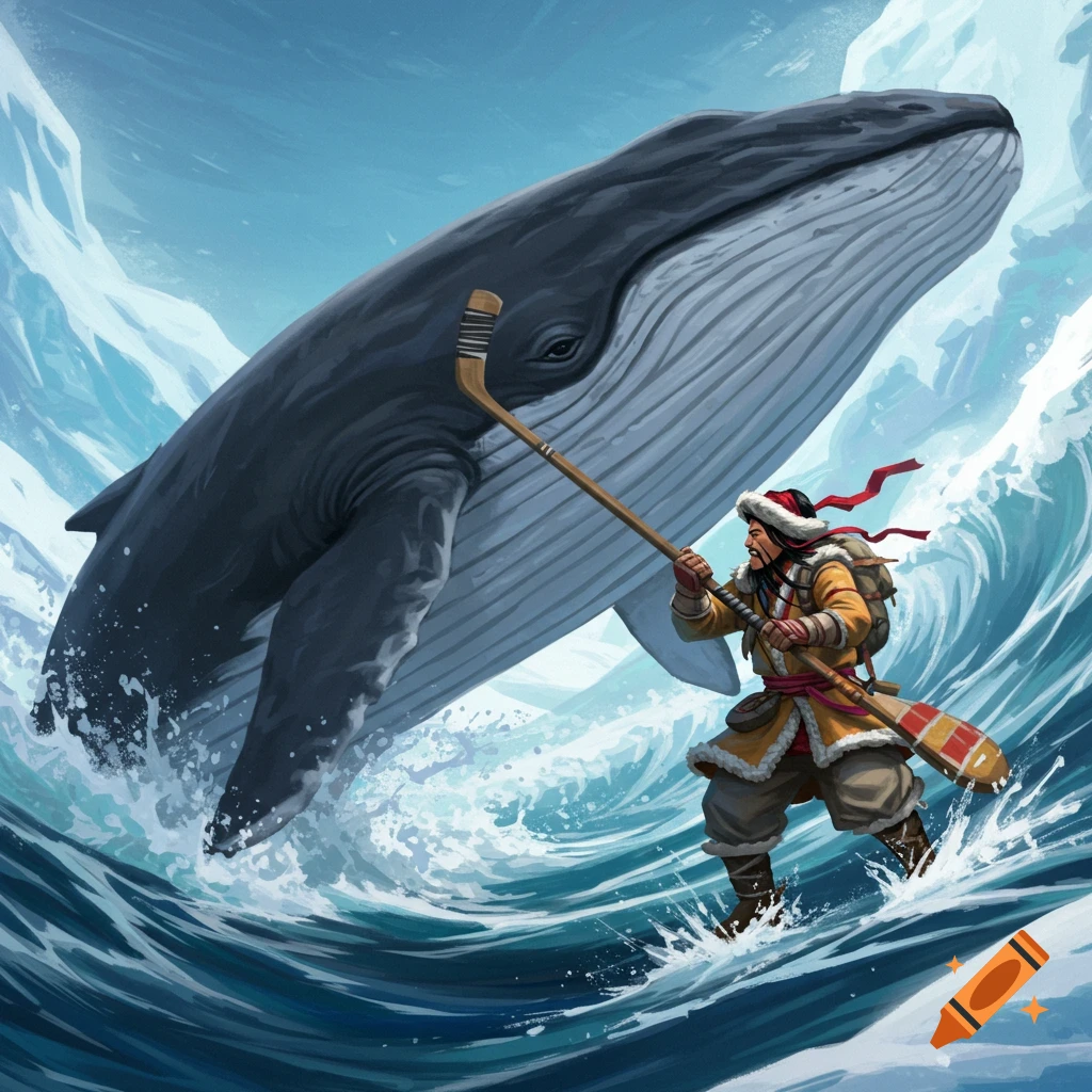 Illustration of a person with a hockey stick and paddle facing a large ...