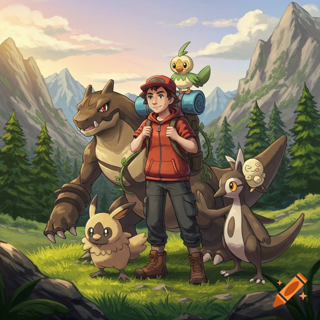 Mountain hiker Pokemon trainer with Diggersby, Chatot, Orangaru, Tyrunt ...