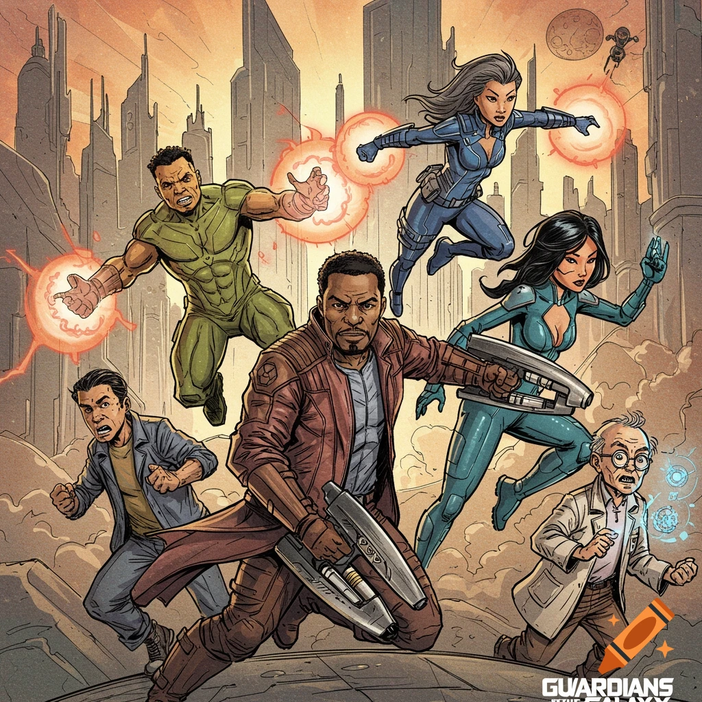 Superhero comic book poster sketch with five characters on Craiyon