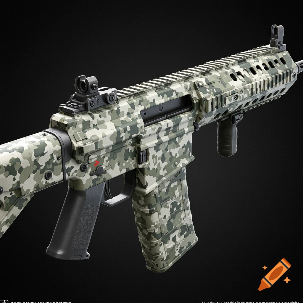 Close-up of a black firearm with gold accents, showing detailed ...