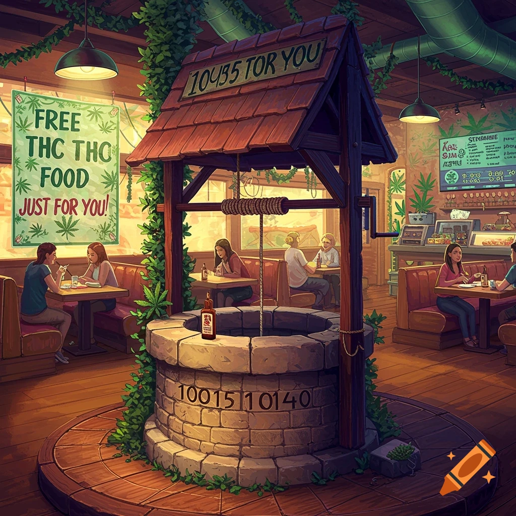 Cannabis themed restaurant with wishing well and THC food menu on Craiyon