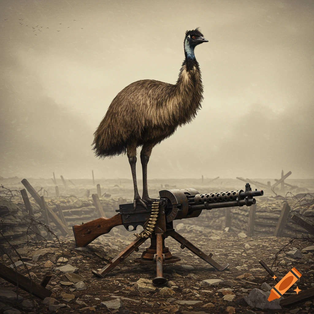 Emu standing over broken World War 1 Lewis machine gun on Craiyon