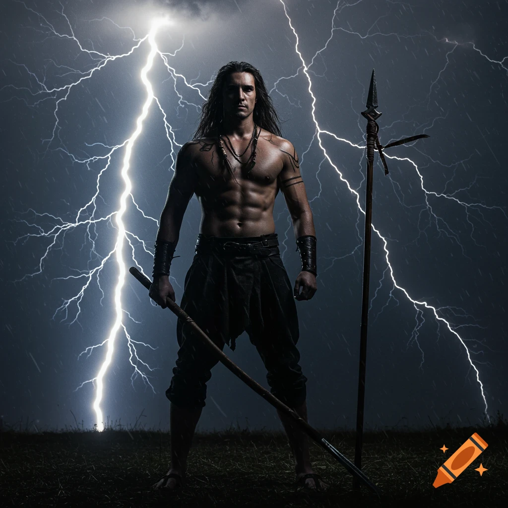 Man with long hair and spear stands in lightning storm, photorealistic ...