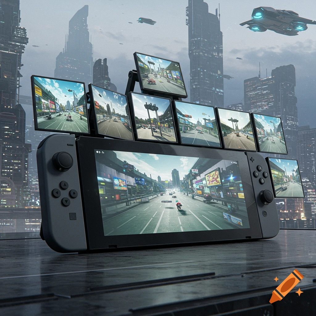 Futuristic Nintendo Switch with interconnected screens on Craiyon