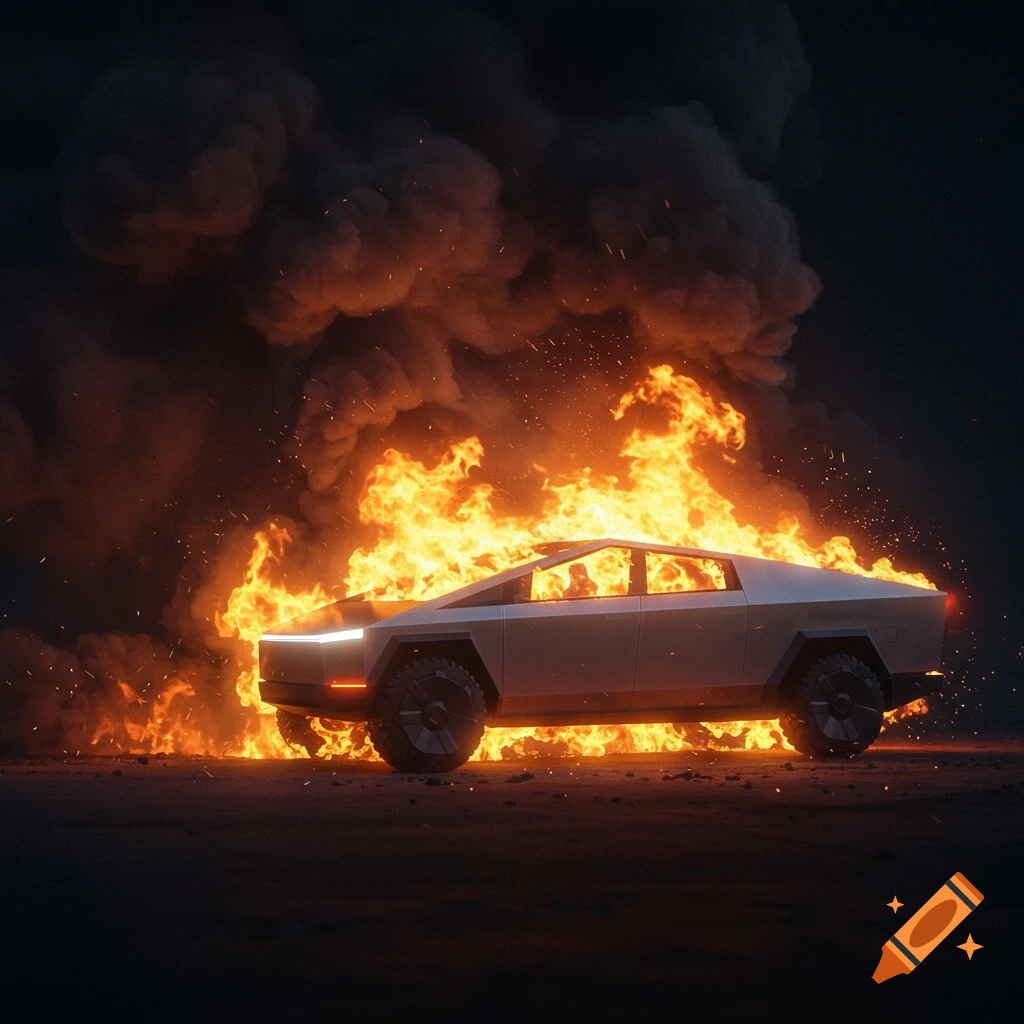 Tesla Cybertruck on fire on Craiyon