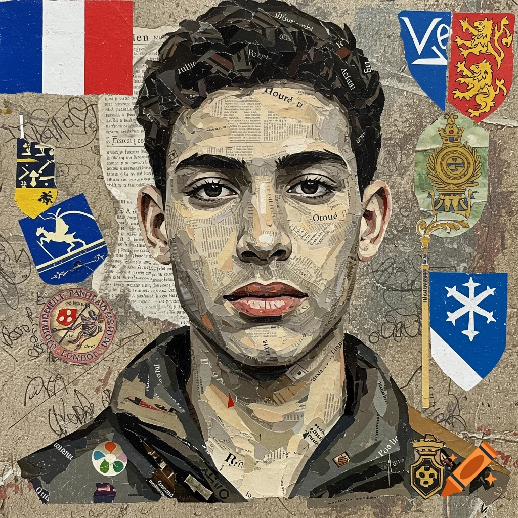 Collage self-portrait made of newspaper clippings with flags on Craiyon