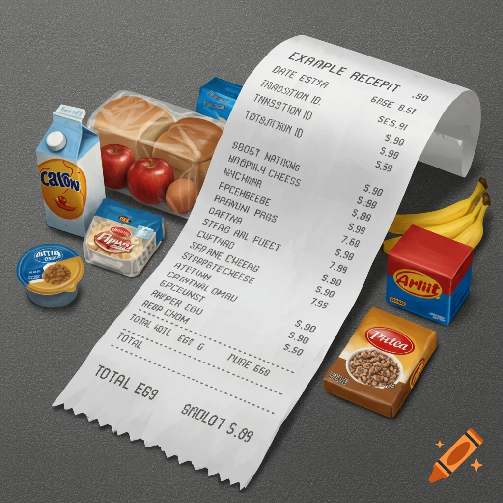 Grocery store receipt with household items on Craiyon