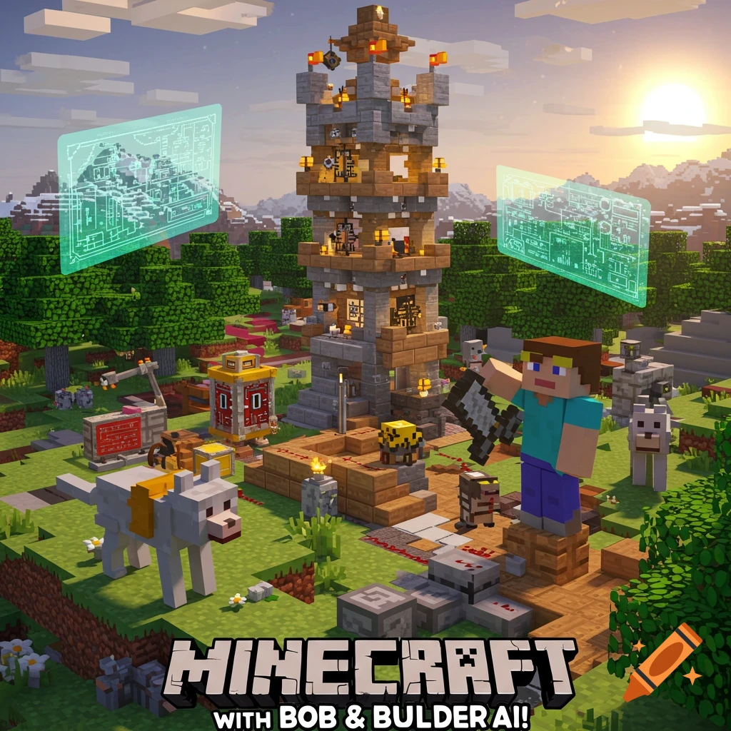 Minecraft gameplay with Bob & Builder AI constructing a megabase on Craiyon