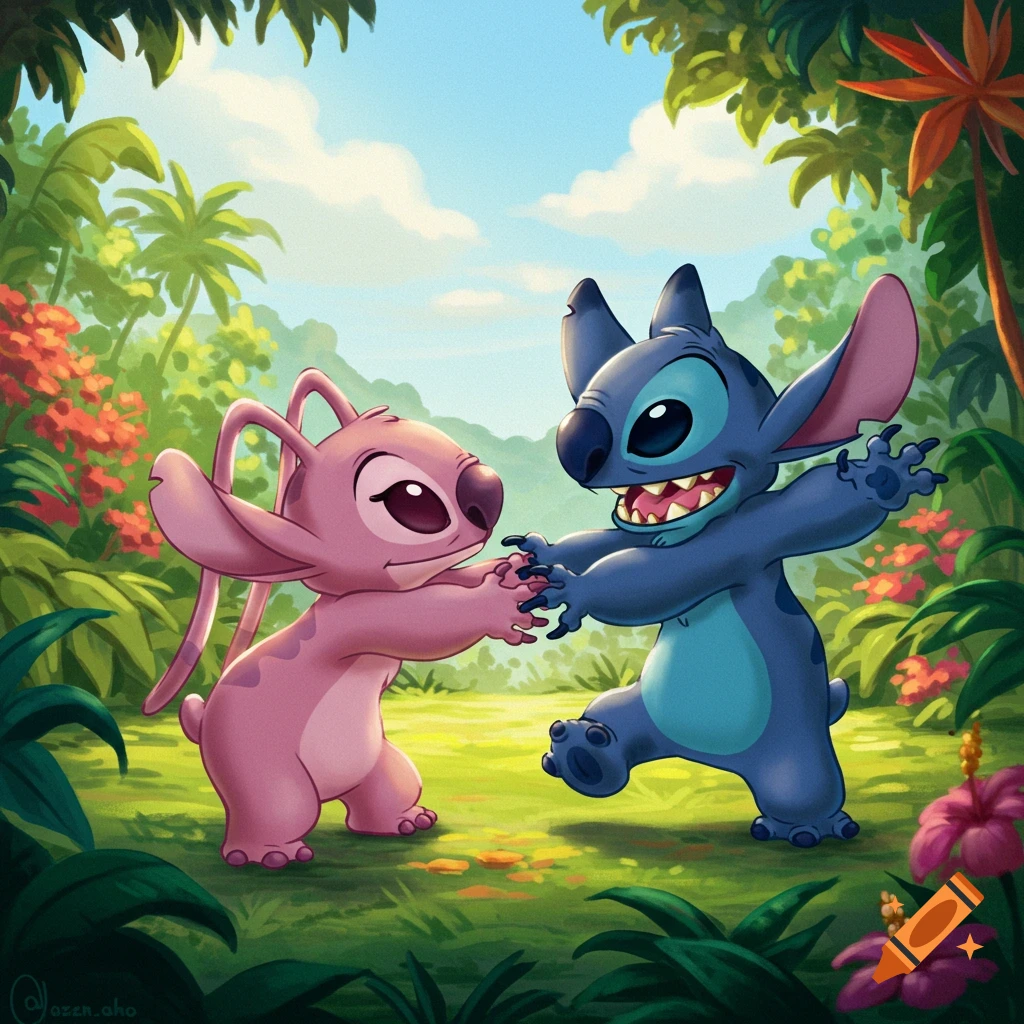 Angel and Stitch characters hold hands on clouds, surrounded by ...