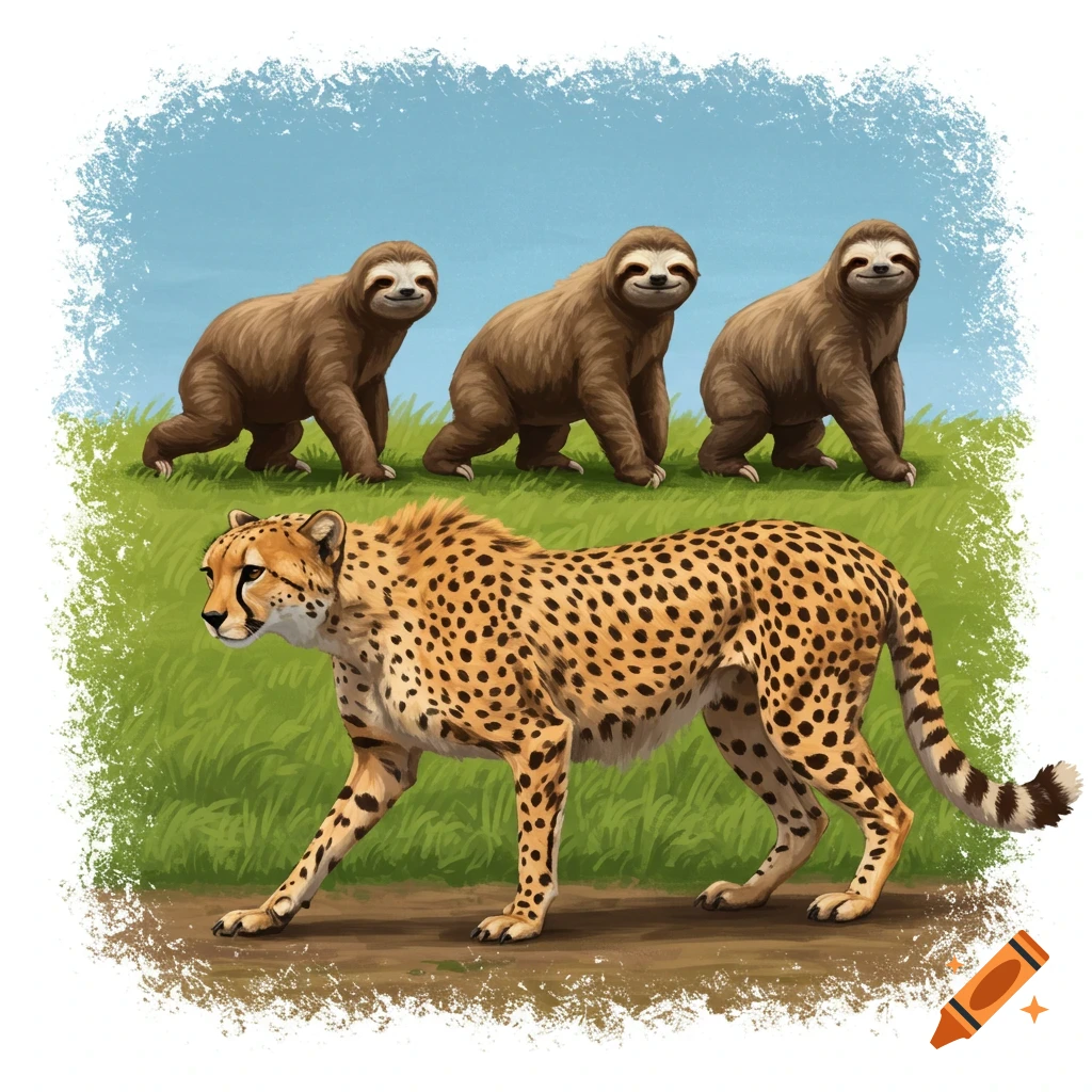 Sloths happily leading a tired cheetah on Craiyon