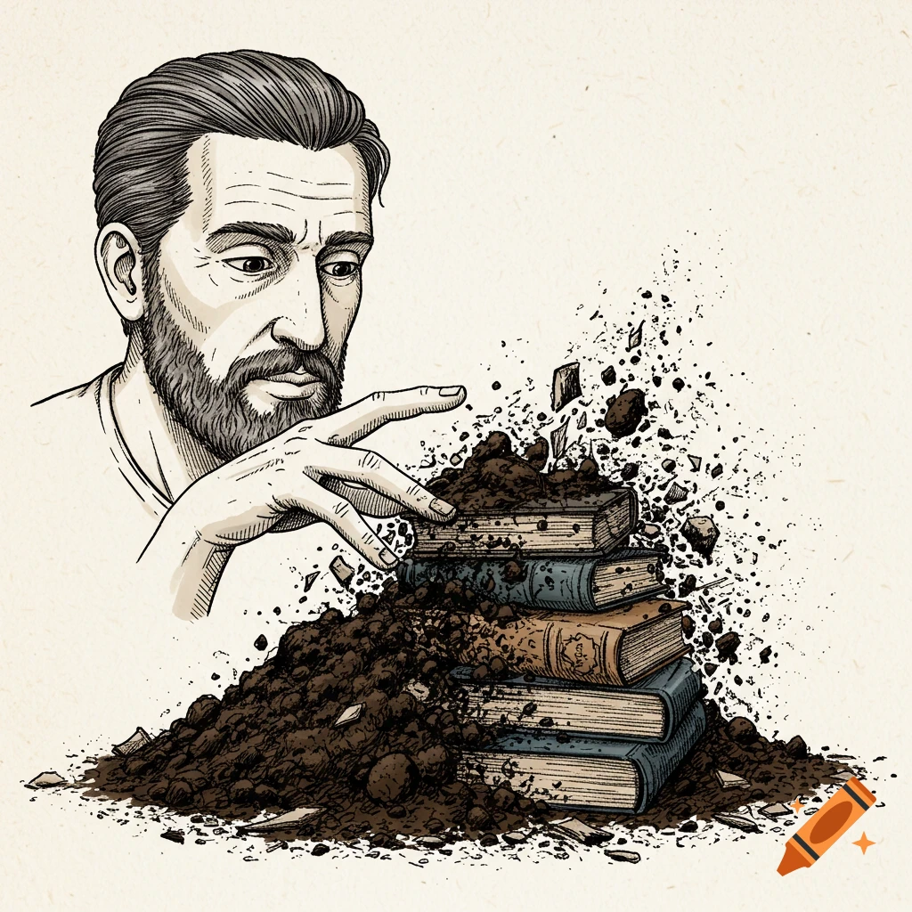 Drawing of a person touching books turning into dirt. Illustration art ...