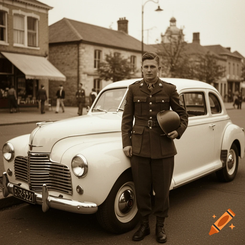 Vintage photo of a young soldier in uniform beside a white car on Craiyon