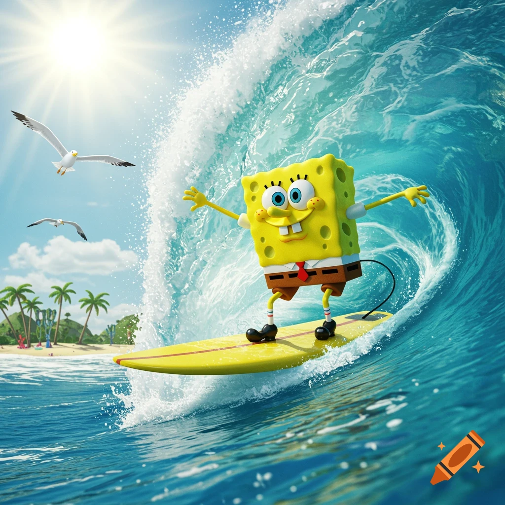 Spongebob Squarepants on a sunny beach at sunset with seagulls flying ...