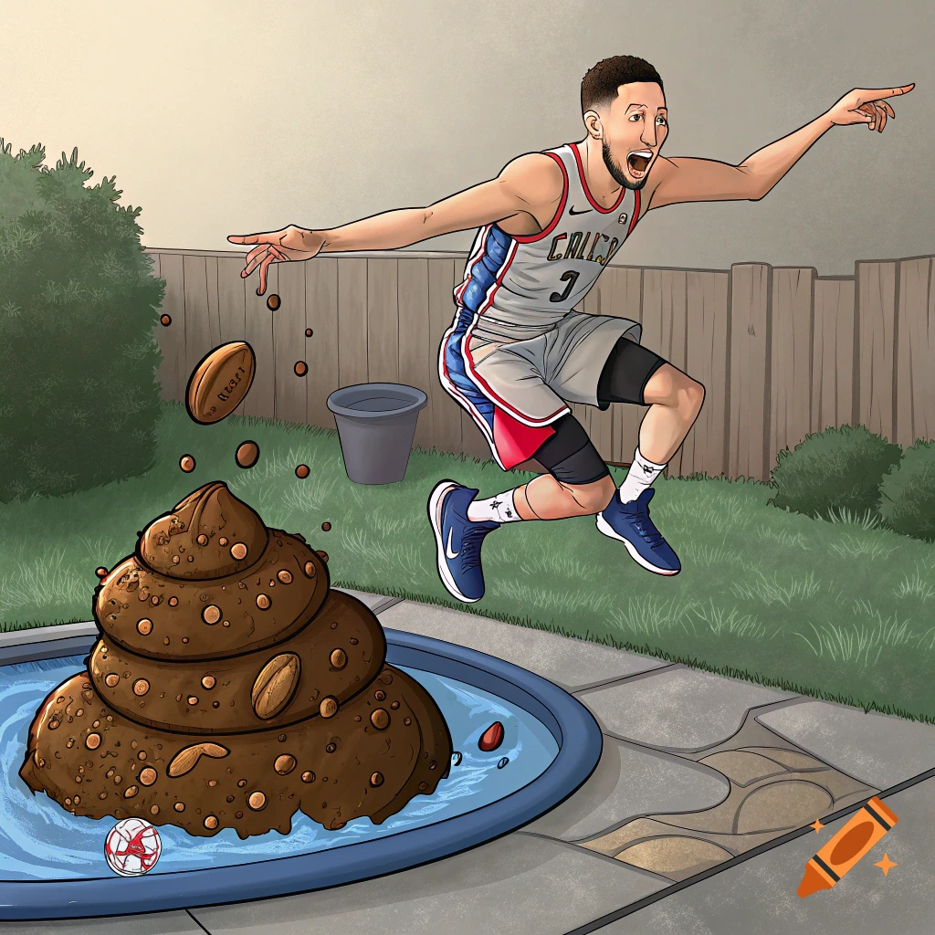 Ben Simmons cannonballing into a pile of poop on Craiyon