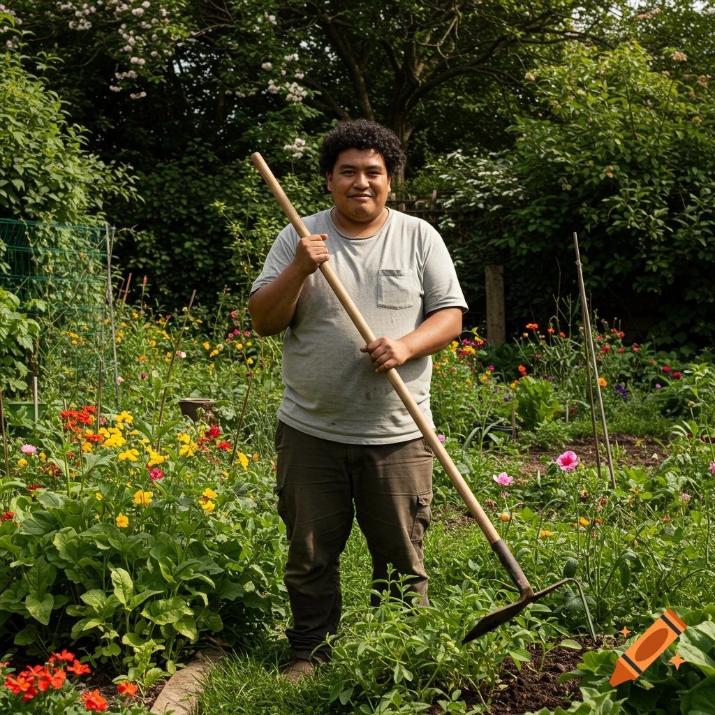 Person holding a garden hoe in a lush garden with colorful flowers. on ...