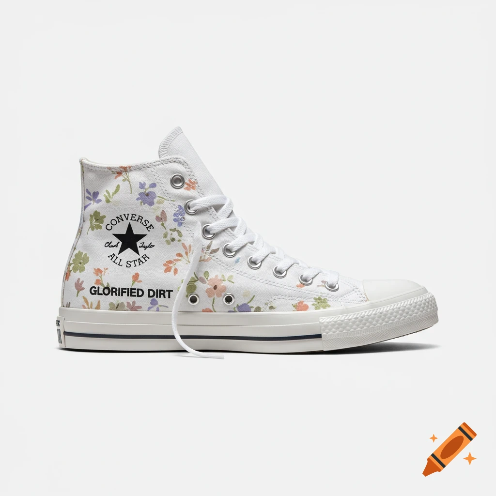 White high top Converse with floral patterns and 'glorified dirt' text ...