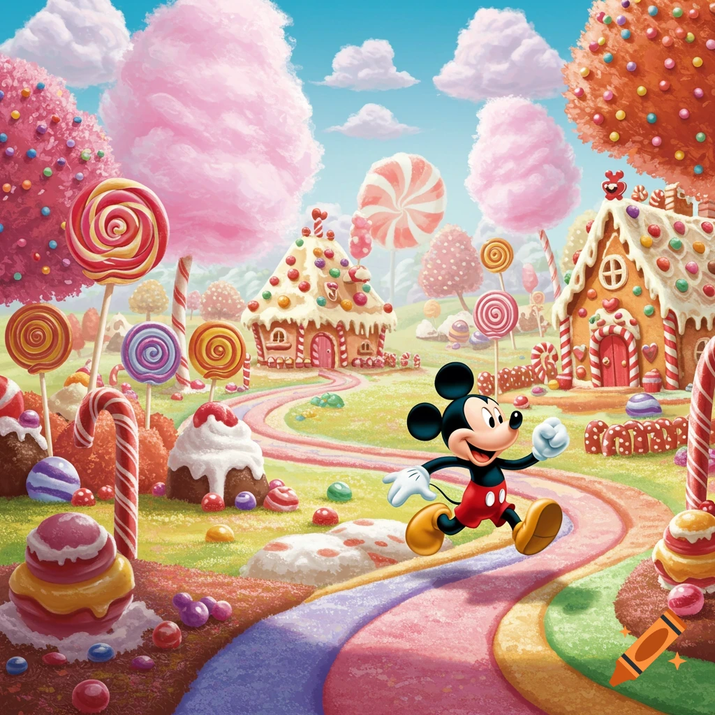 A vibrant, colorful candy land with giant lollipops and gingerbread ...