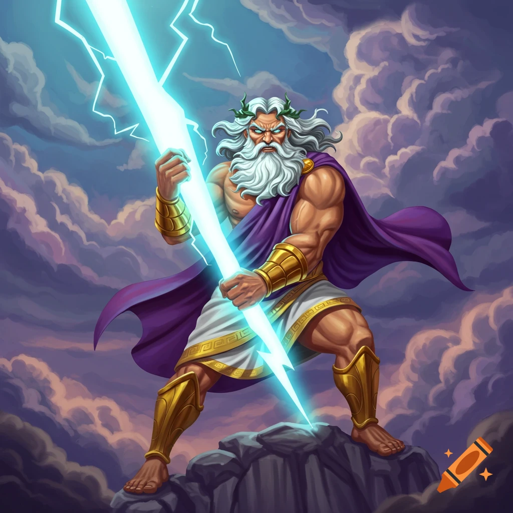 Illustration of Zeus holding a lightning bolt on a rock with clouds on Craiyon