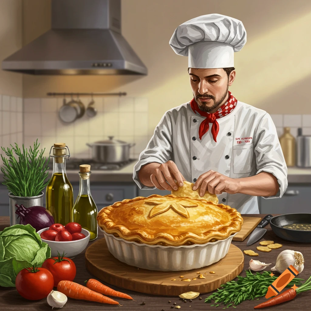 A chef in a kitchen prepares a chicken pot pie, surrounded by fresh ...