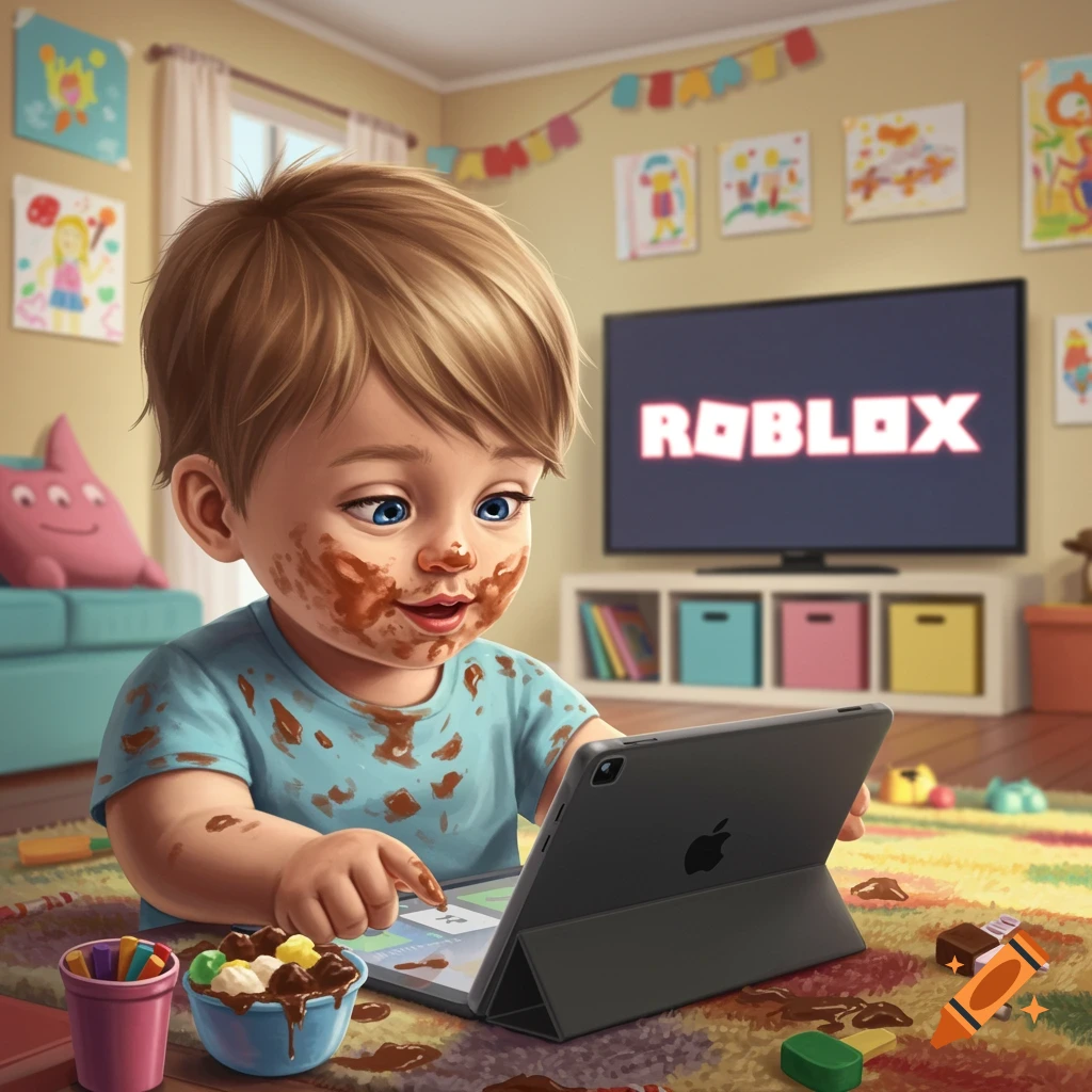 A messy toddler covered in chocolate plays on an iPad in a playroom ...
