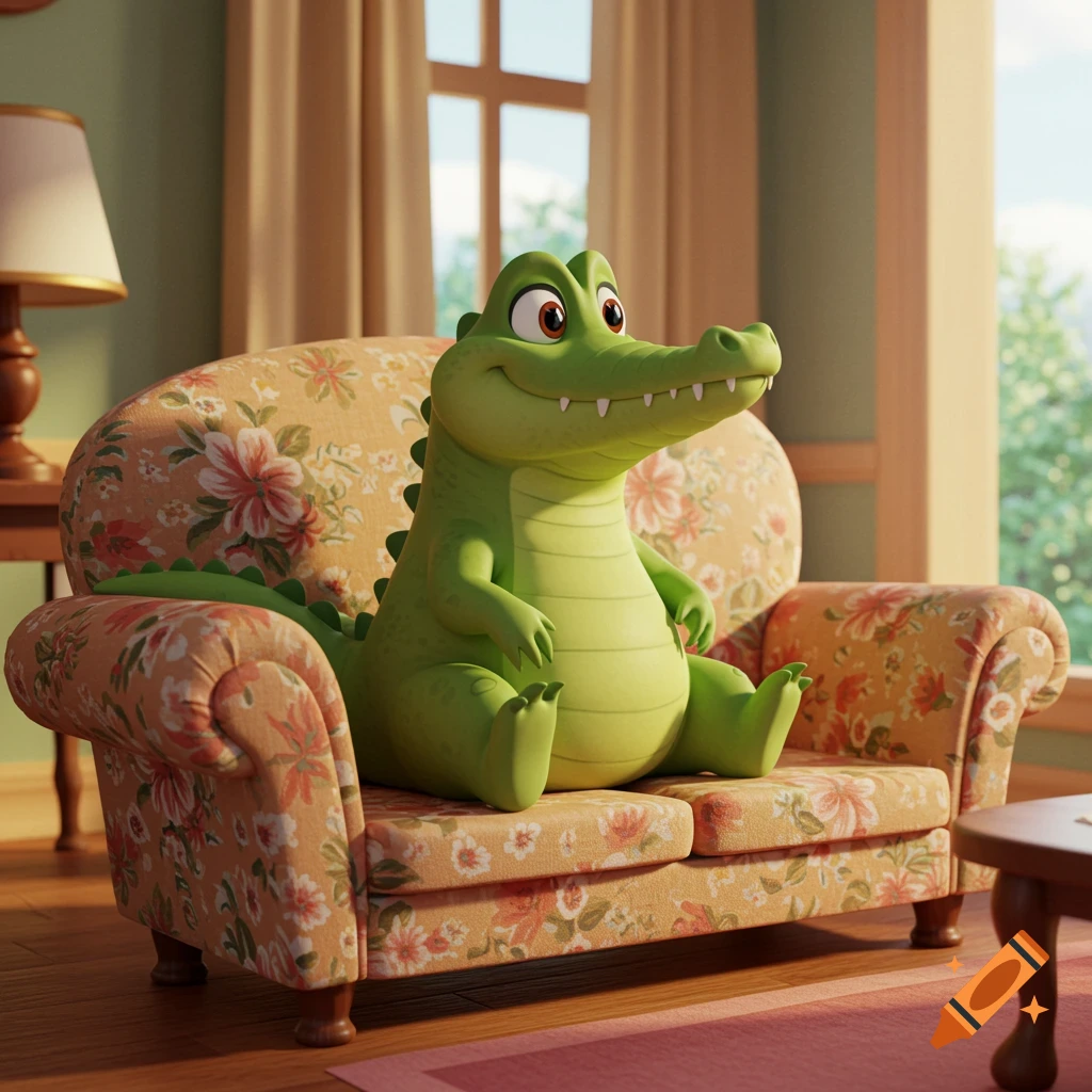 A cute cartoon crocodile sits on a purple couch in a bright room, in a ...