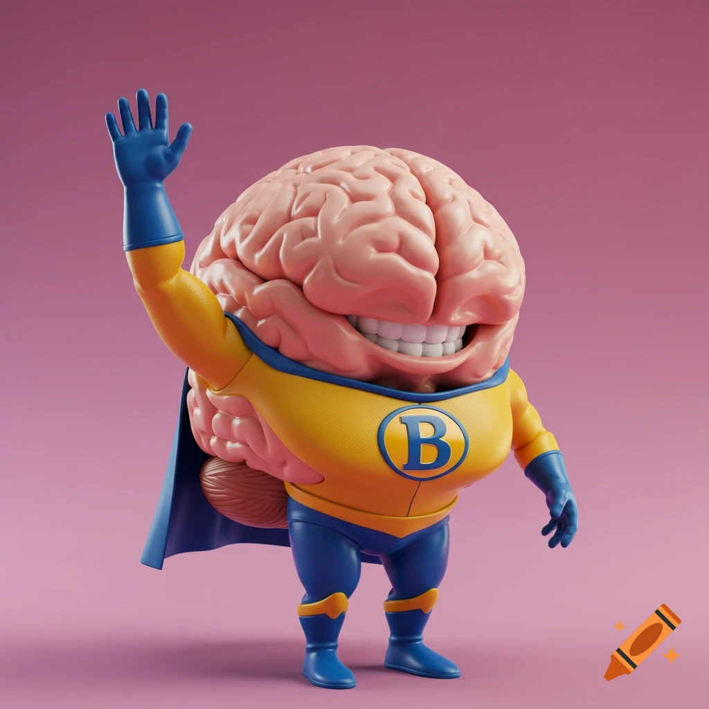 Brain wearing superhero costume waving with smiley face illustration ...