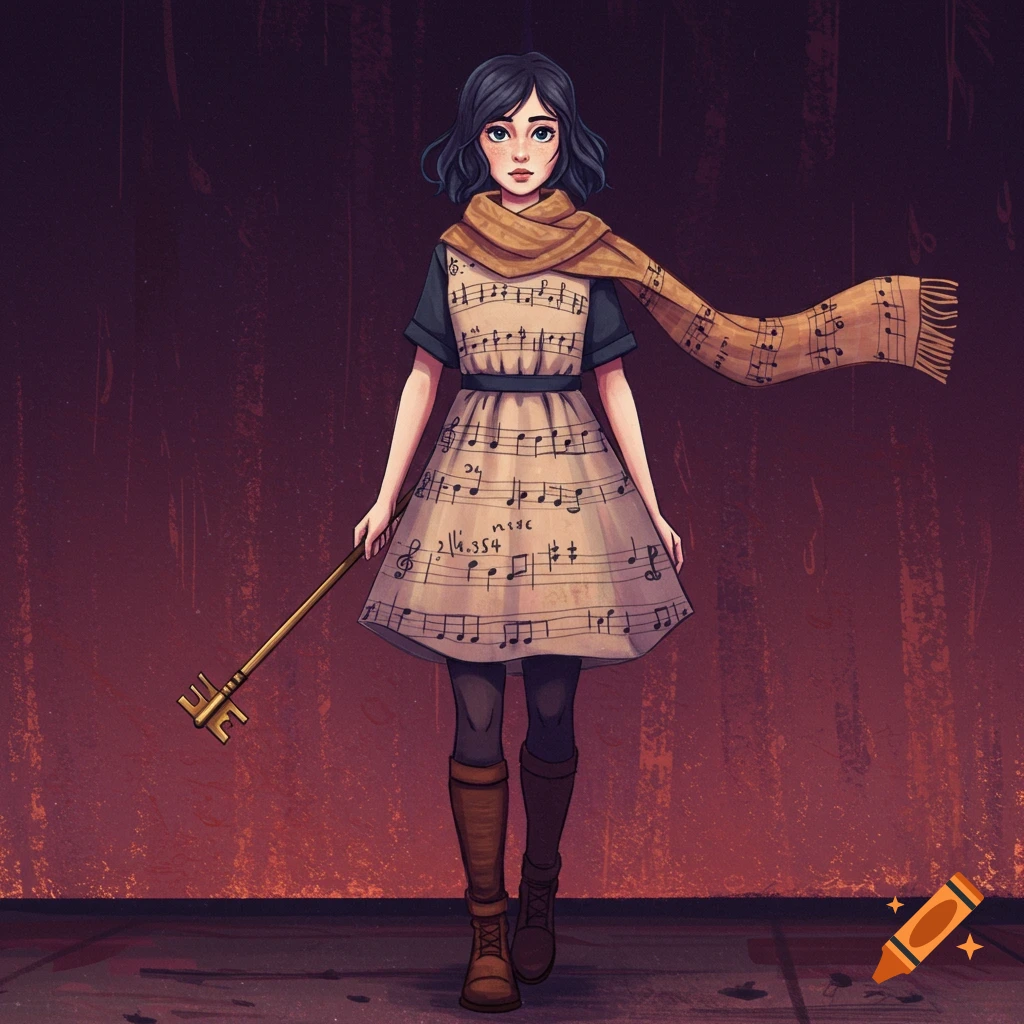 Girl in dress with musical note pattern and scarf on Craiyon