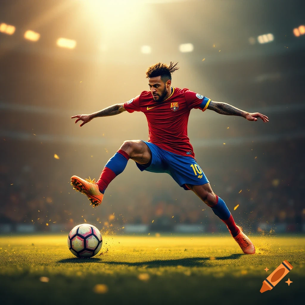 A soccer player runs on a field, engulfed in stylized fire. on Craiyon