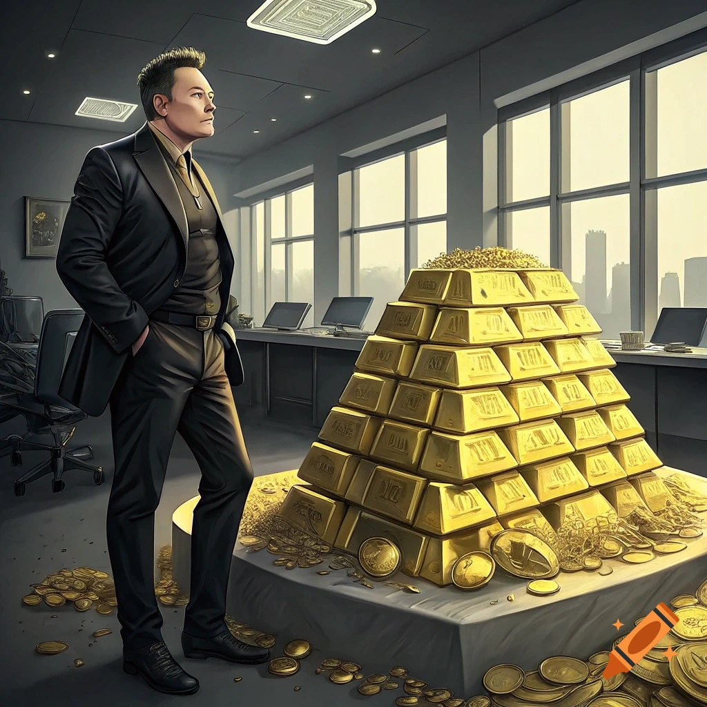 A man resembling Elon Musk stands next to a large pyramid of gold bars ...