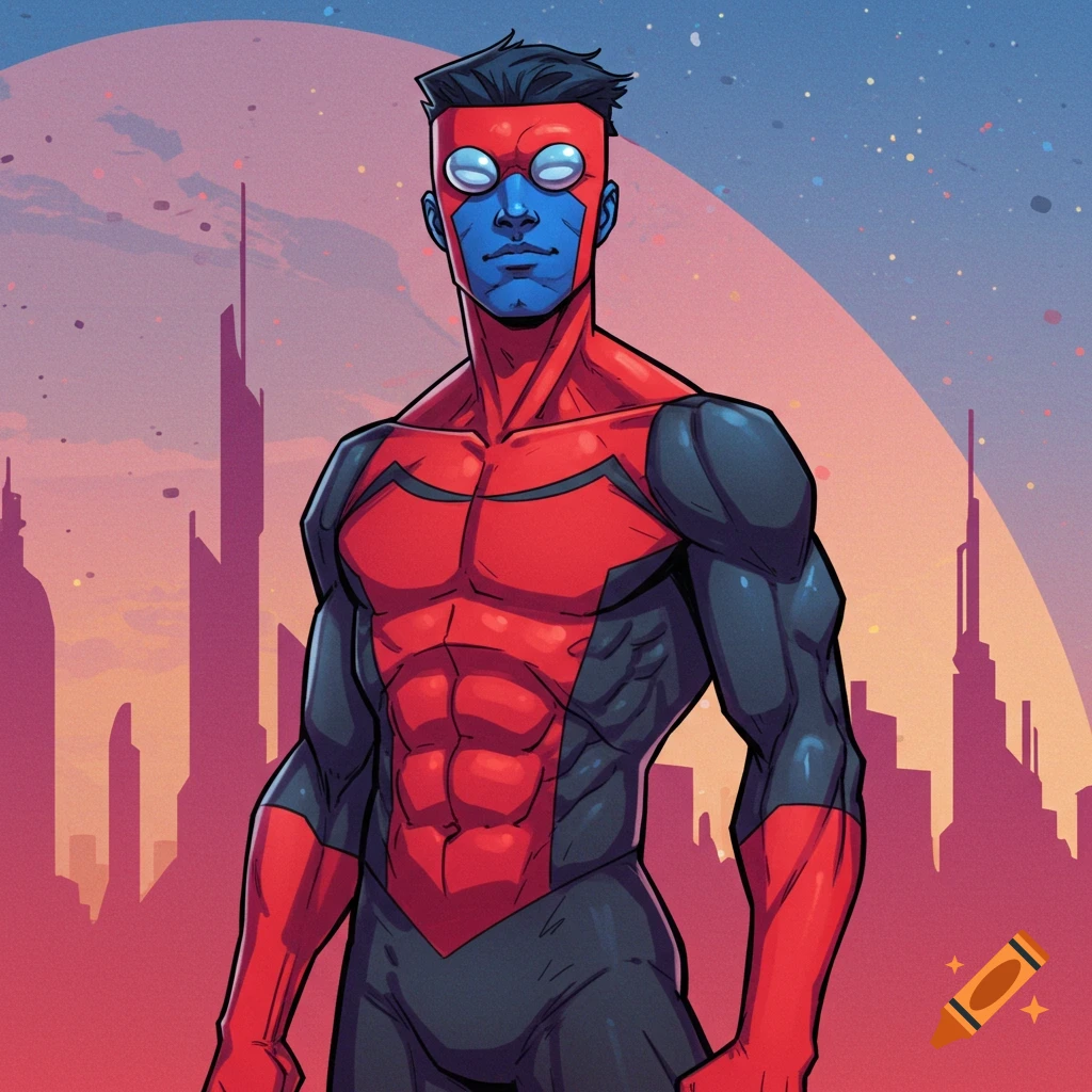 Comic illustration of a male superhero in red and gray suit against a ...