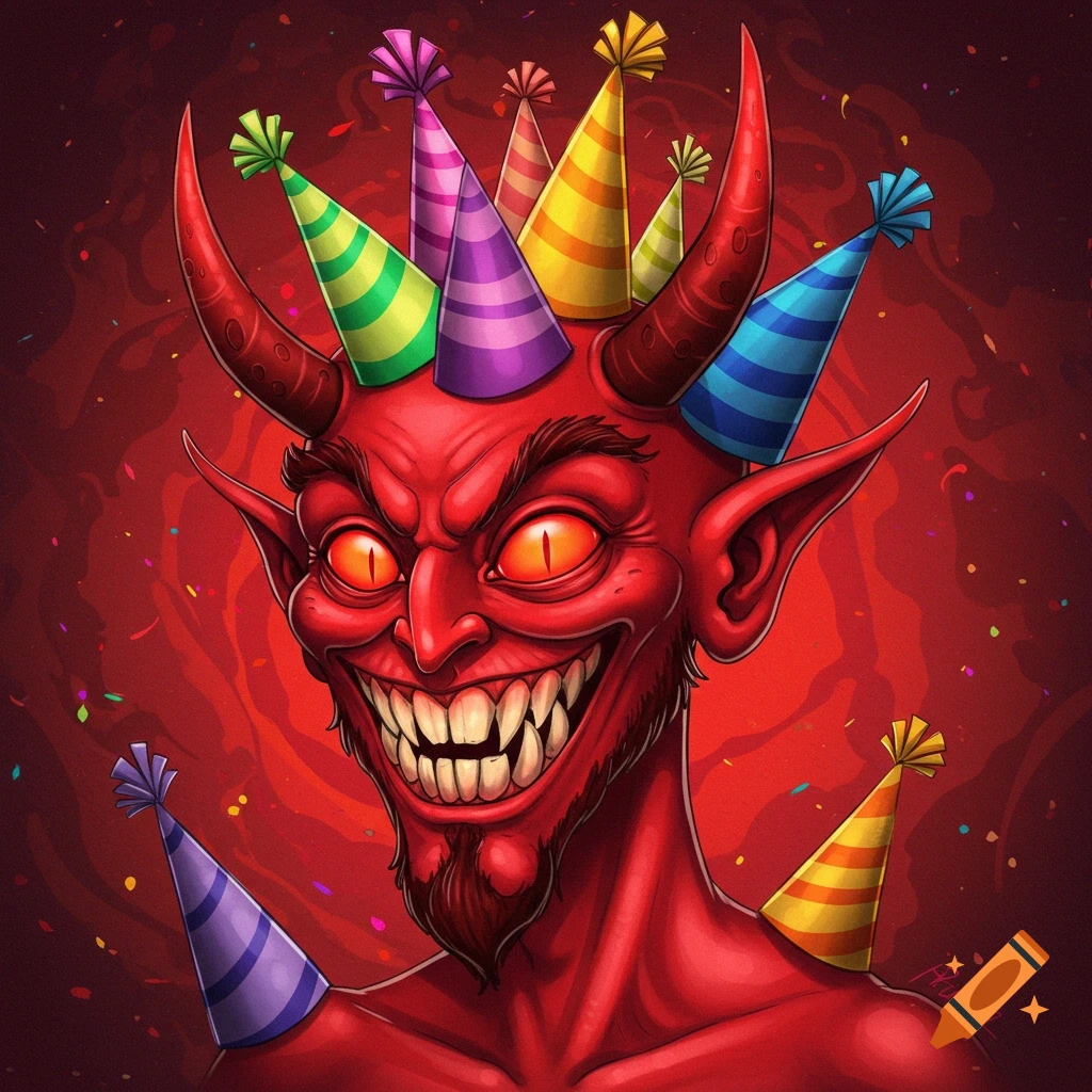 Red demon bust wearing multiple colorful party hats with fire at the ...