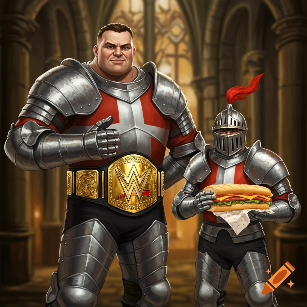 Two knights, one muscular with a wrestling belt, one with a sandwich ...