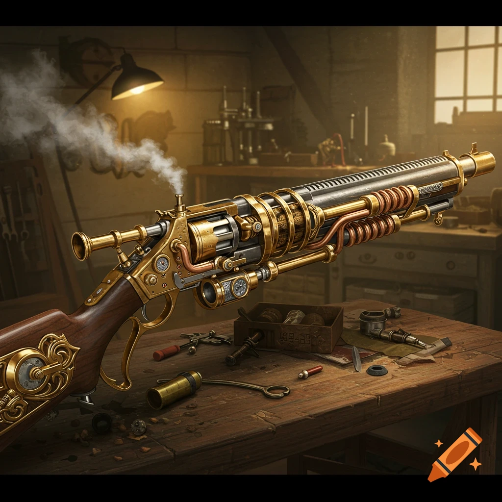 Detailed steampunk rifle rests on a wooden workbench with scattered ...
