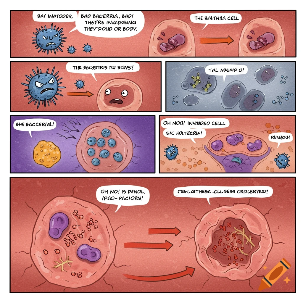 Comic strip of bacterial infection and immune response on Craiyon