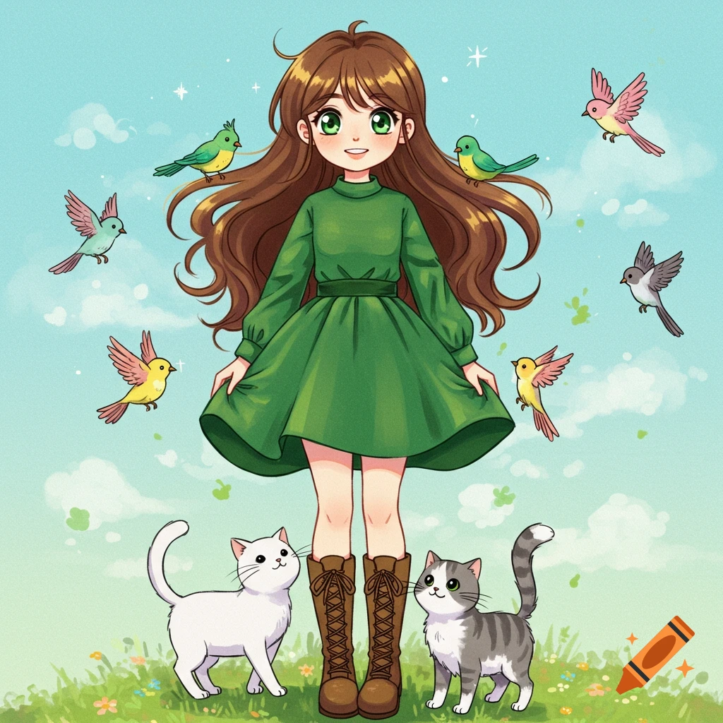 Anime-style smiling Irish girl with birds and cats on Craiyon