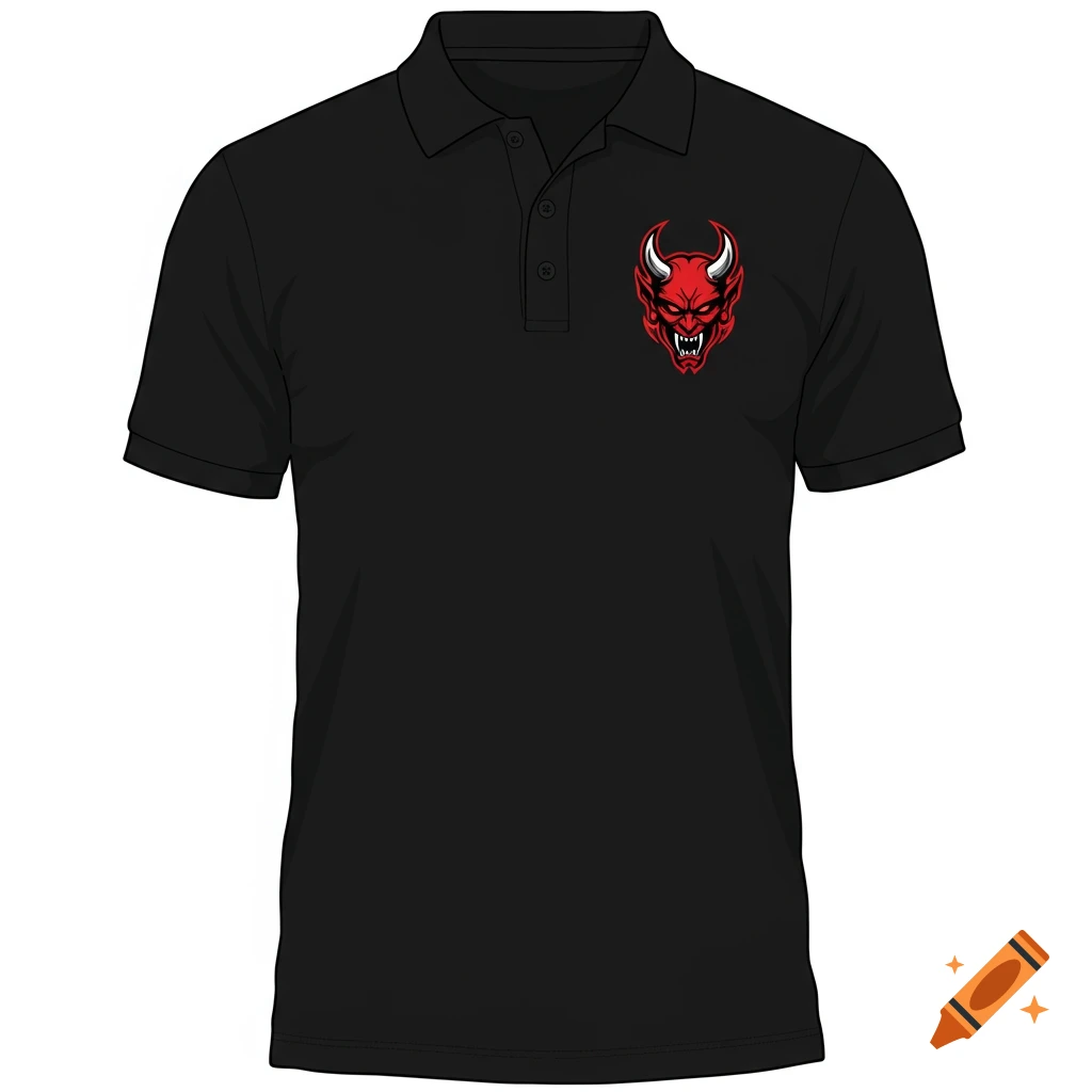 Black polo shirt with a red demon face and claws design on Craiyon