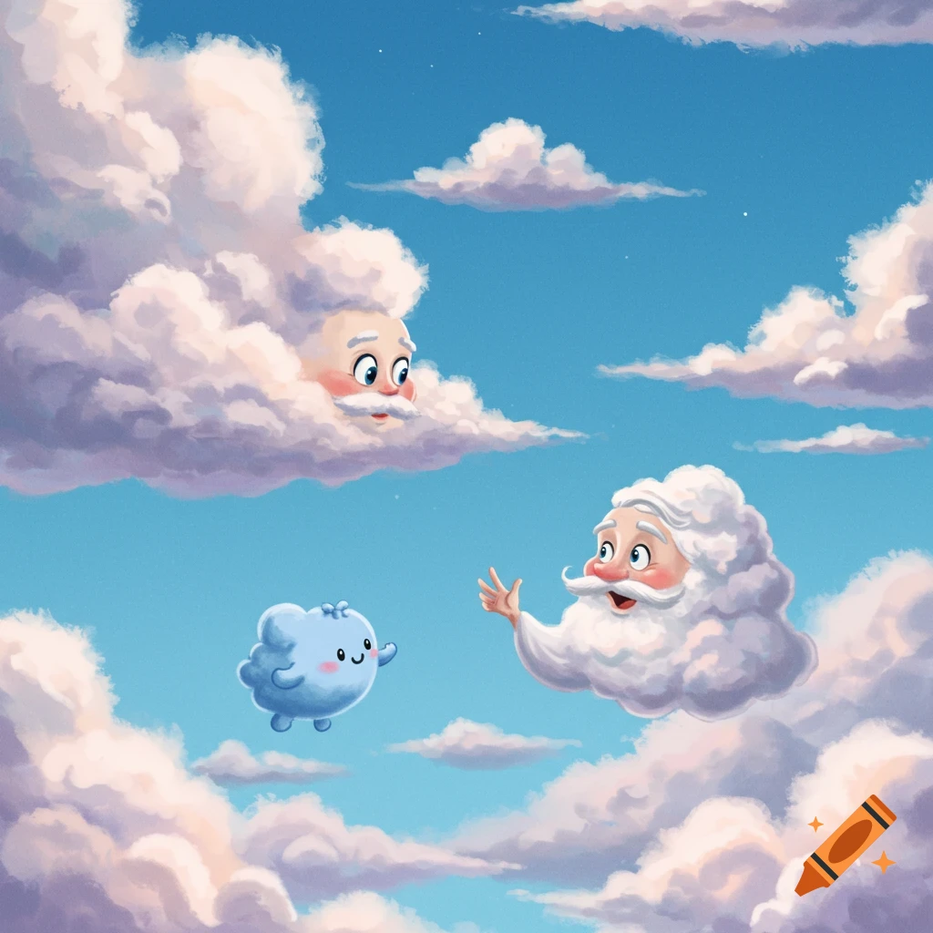 Illustration of cloud Fluff talking to wise cloud Nimbus in the sky on ...