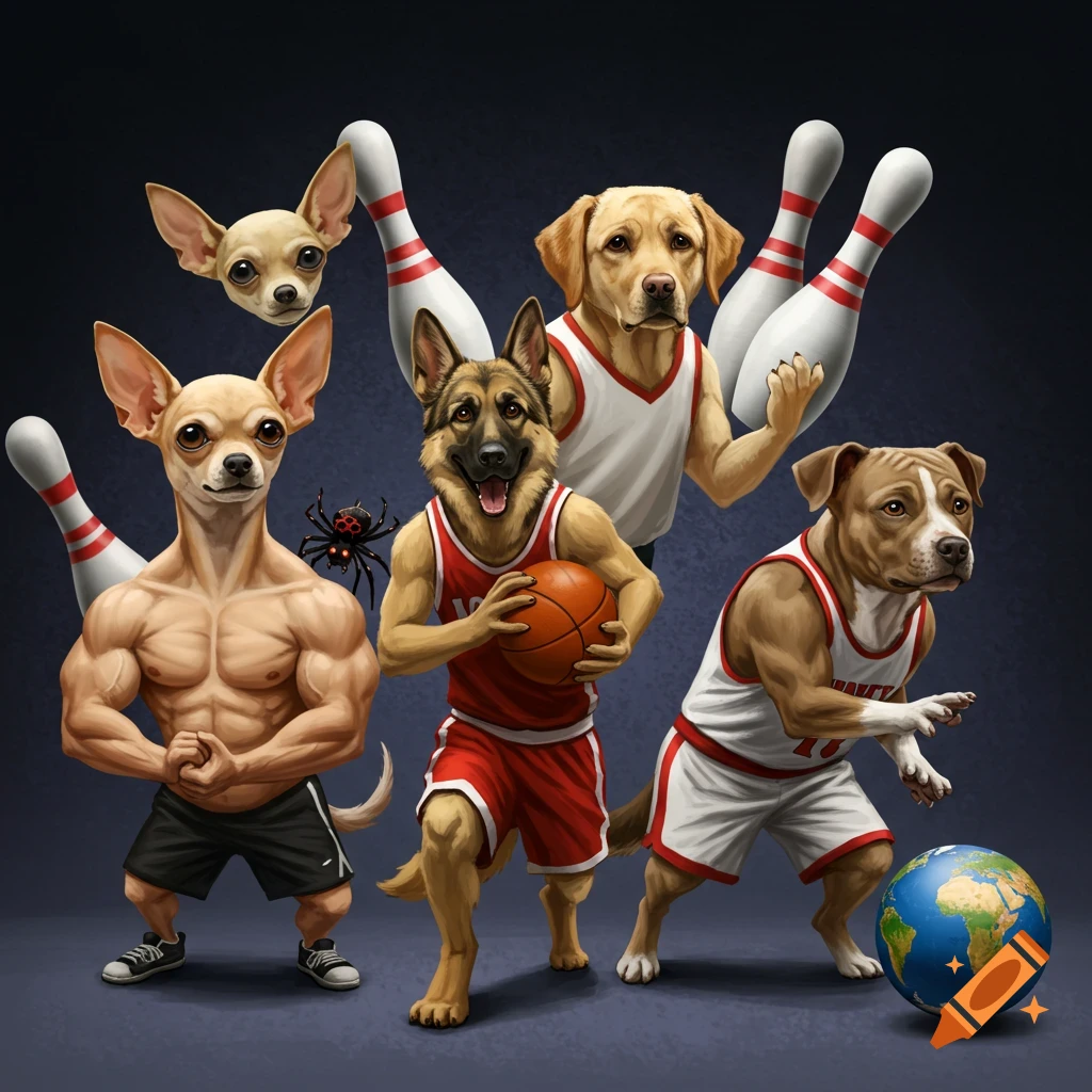 Illustration of dogs playing sports with bowling pins and balls on Craiyon