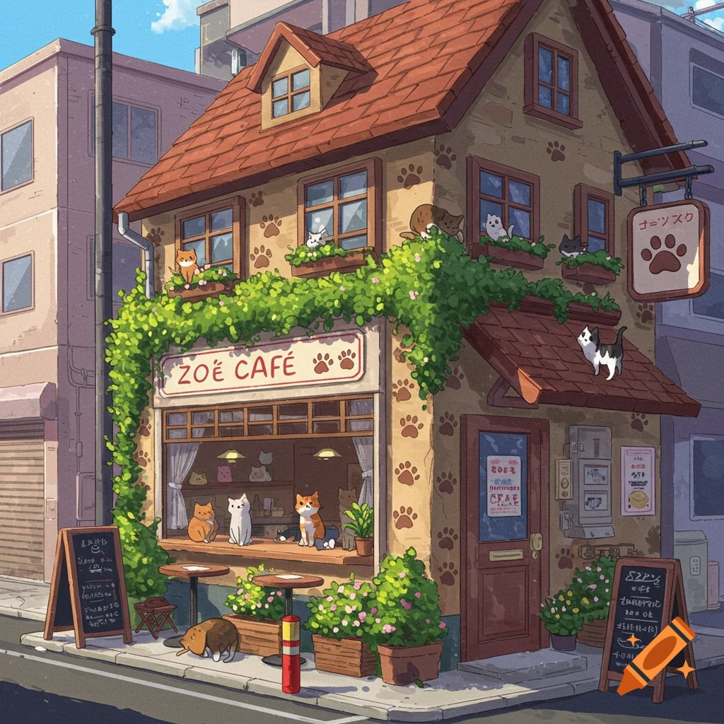 Cozy cottage cafe with cats, greenery, and 'Zoe's Cafe' sign in the ...