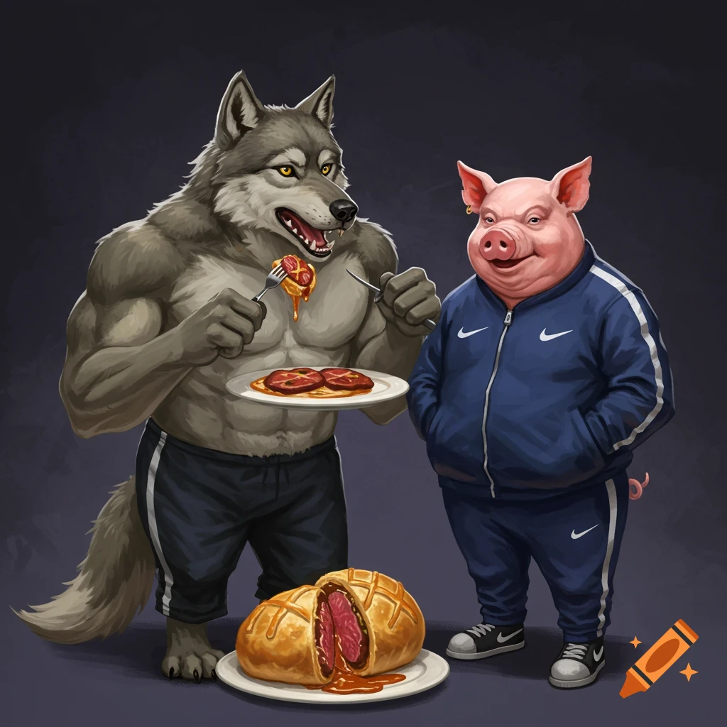 Wolf eating beef wellington with a British pig friend in a Nike ...