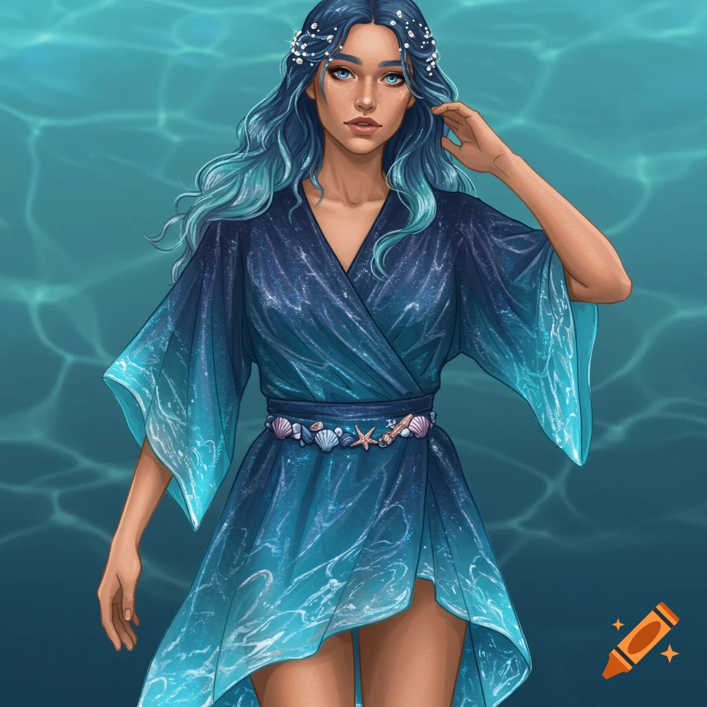 Ocean-blue tunic with seashell belt and flowing sleeves. on Craiyon
