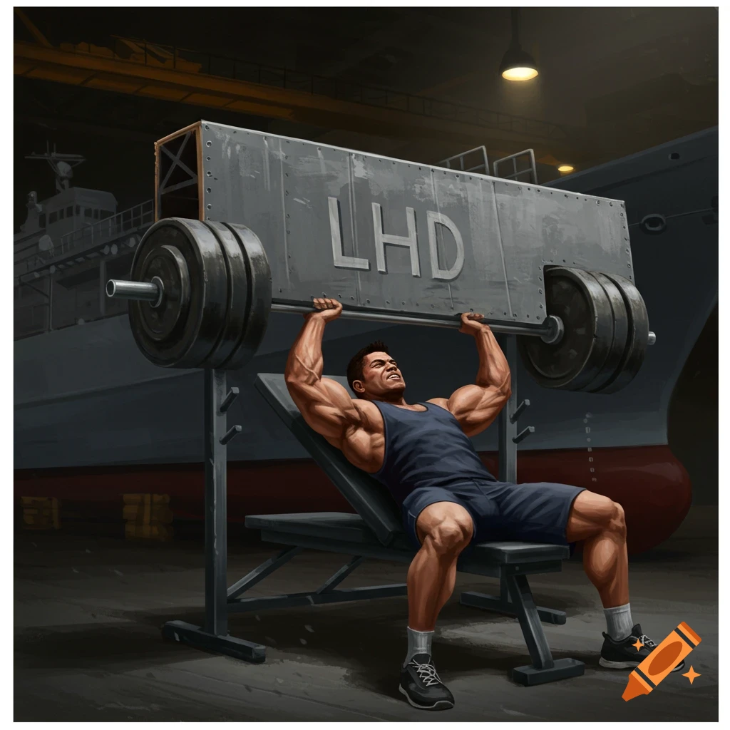 Muscular man bench pressing a barbell under an LHD sign, navy ships in ...
