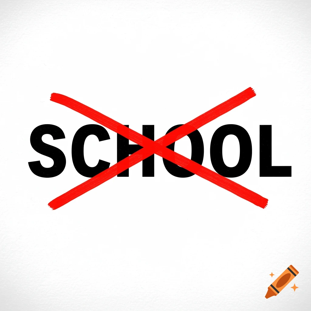 School crossed off in simple black, white, and red style on Craiyon