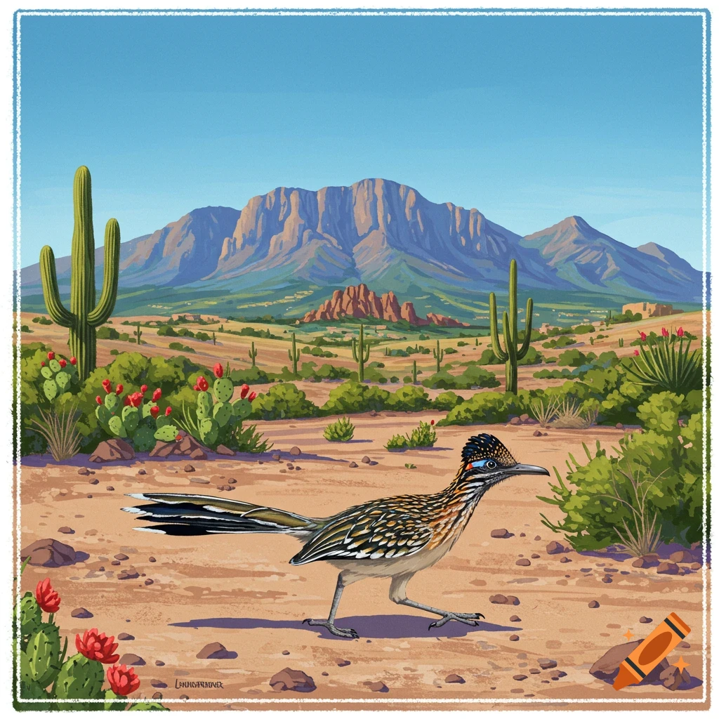 Illustration of a roadrunner in a desert with mesas and a Zia sun ...