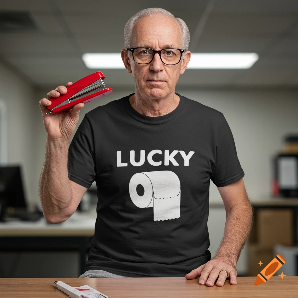 Man in 50s holding red stapler, wearing 'lucky' tshirt with toilet ...
