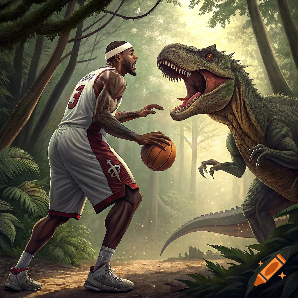 Illustration of a basketball player dribbling past a dinosaur in a ...