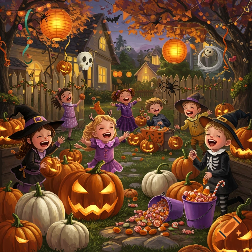 Colorful Halloween party scene with kids, pumpkins and decorations on ...