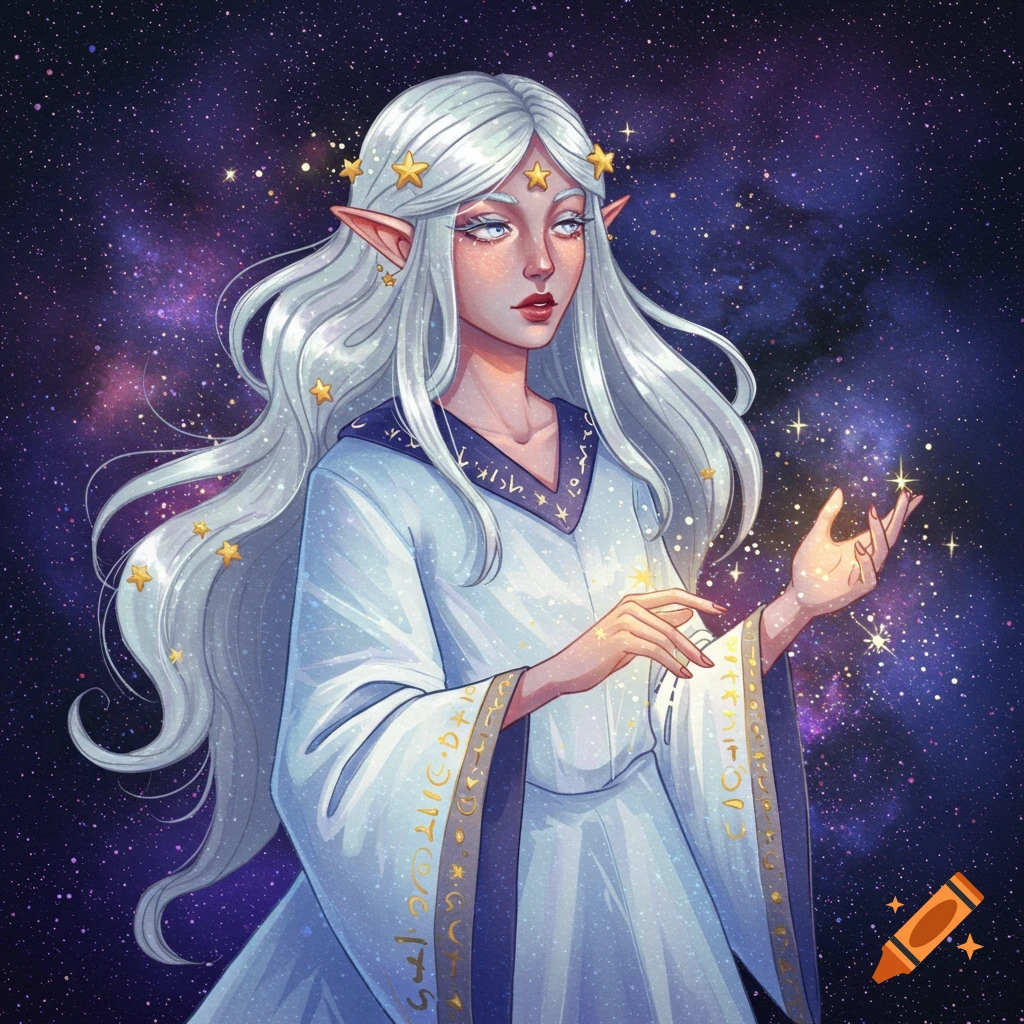 Star witch in white robes with stars on Craiyon