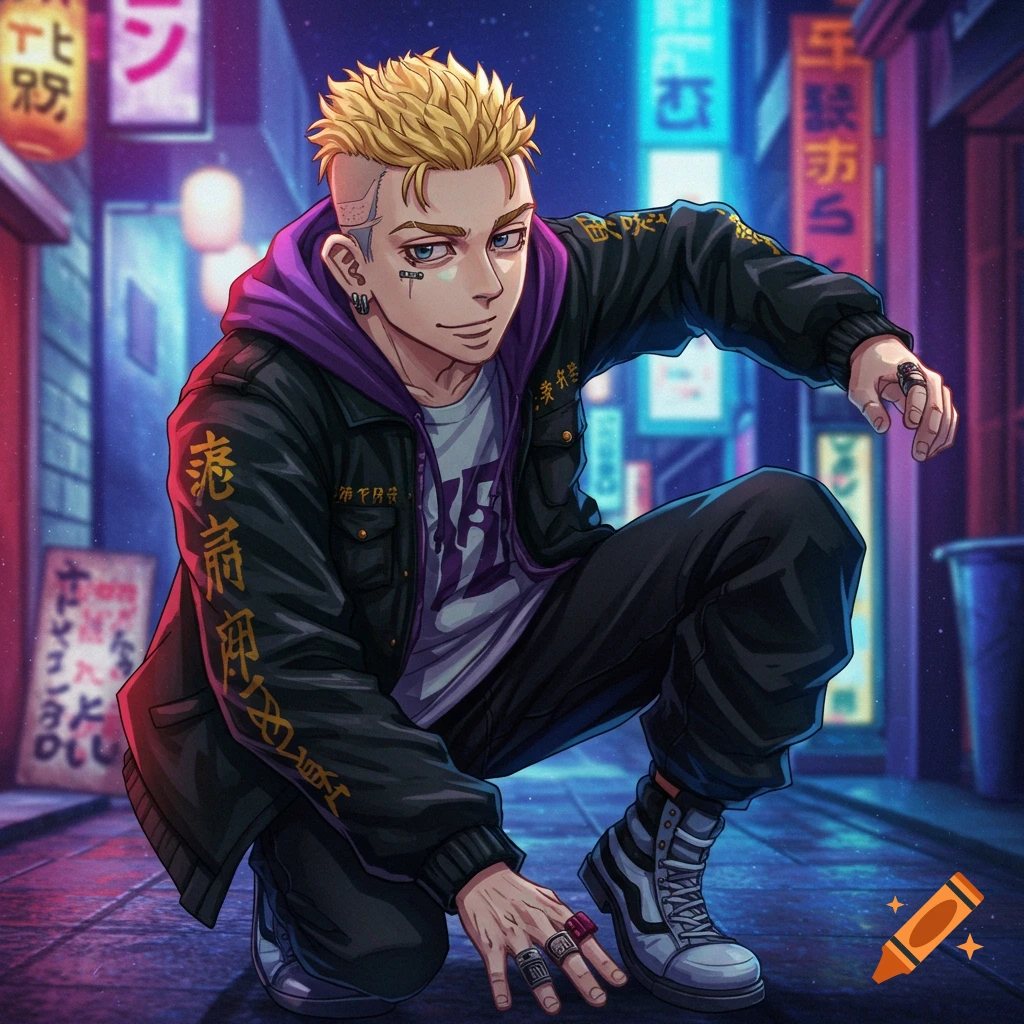Anime male character crouching in a street at night with neon lights ...