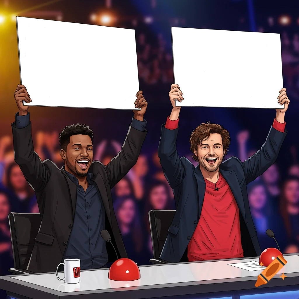 Two male judges holding up blank signs with arms raised on Craiyon